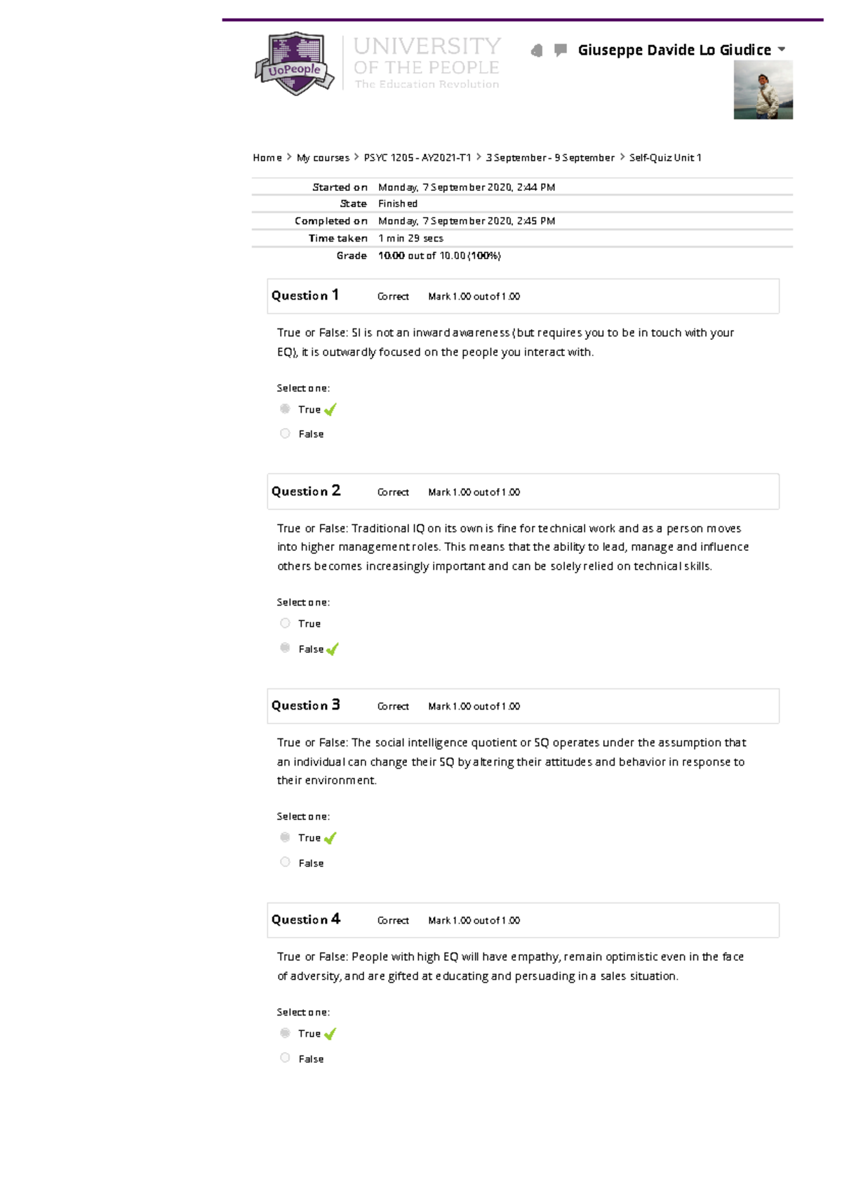 Self-Quiz Unit 1 Attempt review g - / Started on Monday, 7 September ...