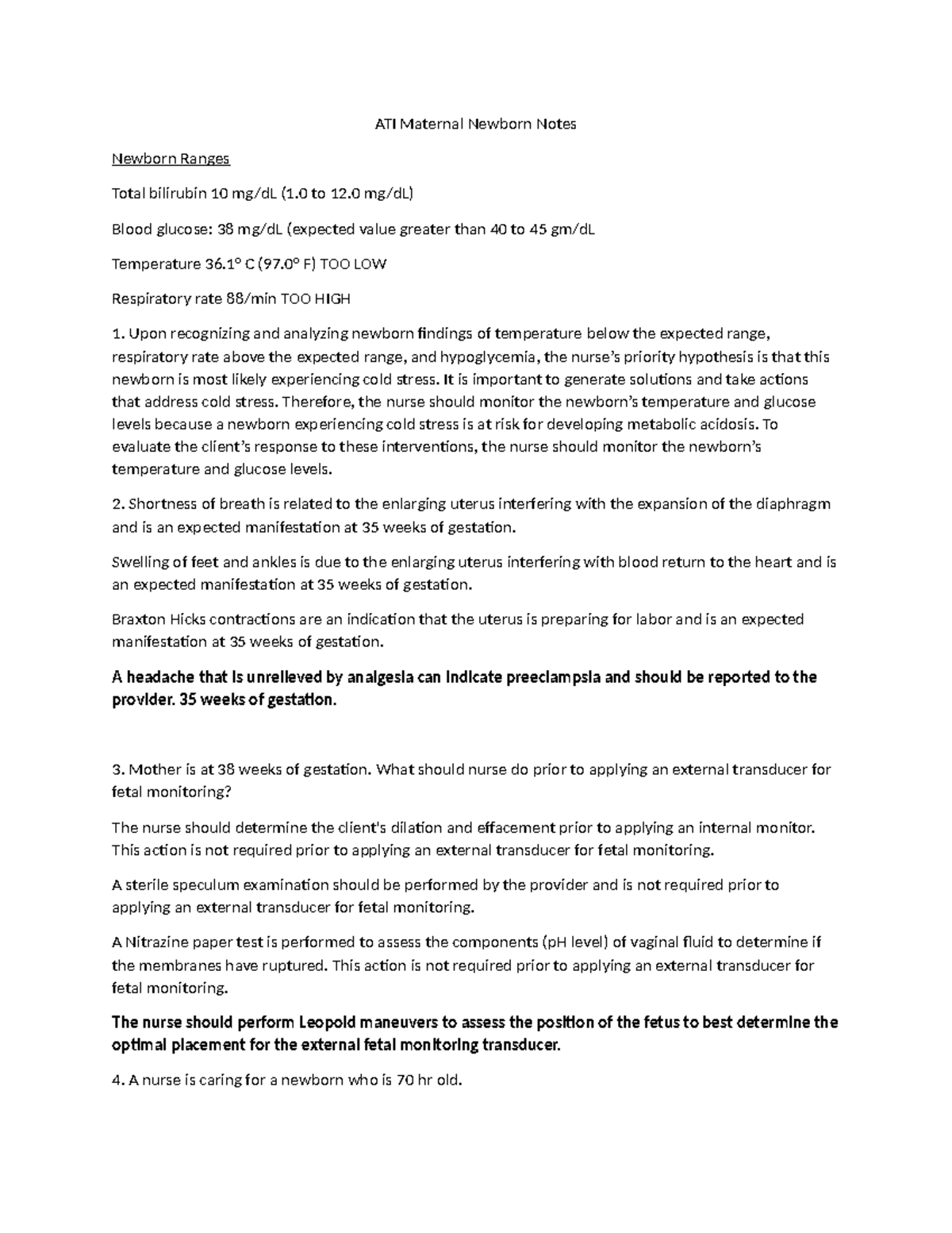 Maternity ATI Practice Notes - ATI Maternal Newborn Notes Newborn ...