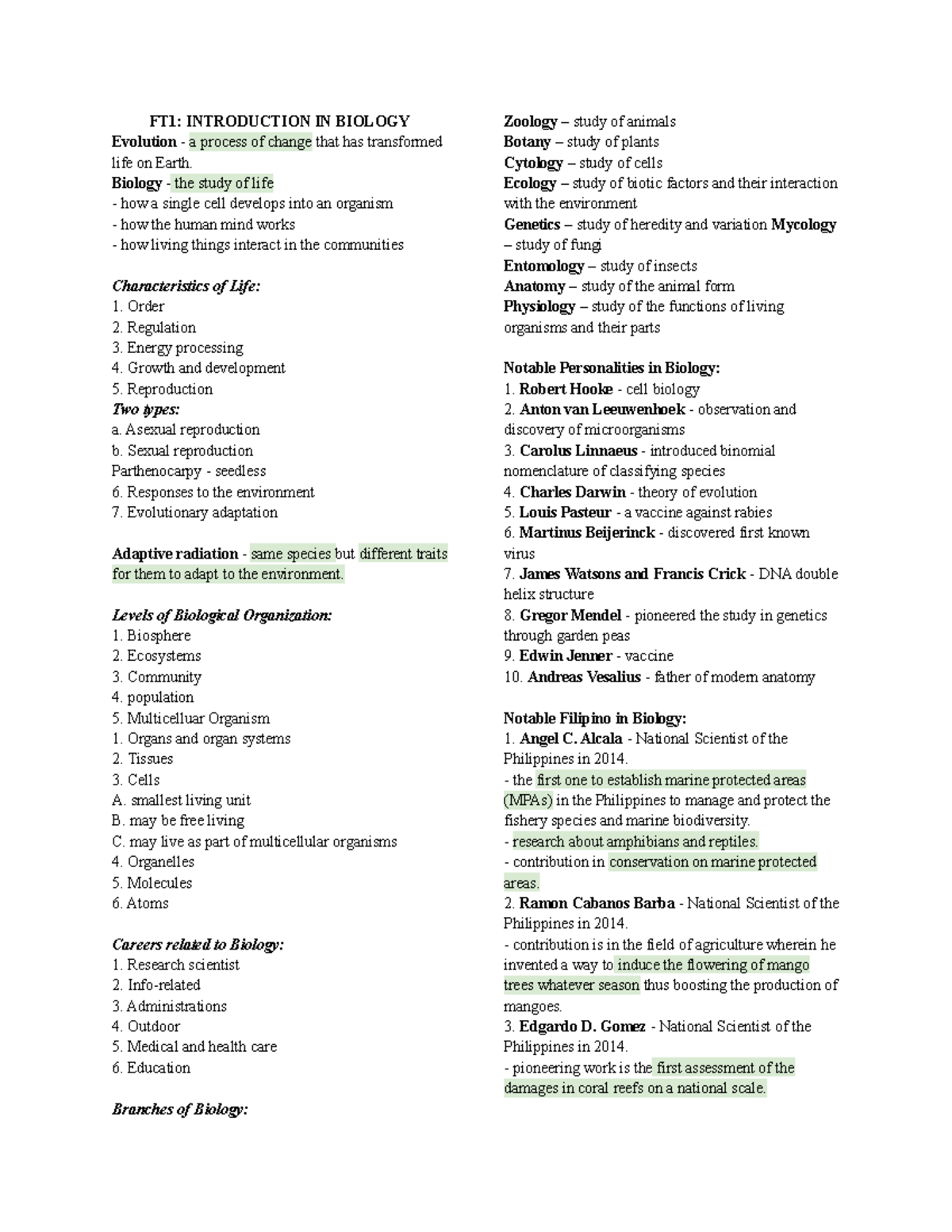 Science Essentials notes from 1st Sem - FT1: INTRODUCTION IN BIOLOGY ...