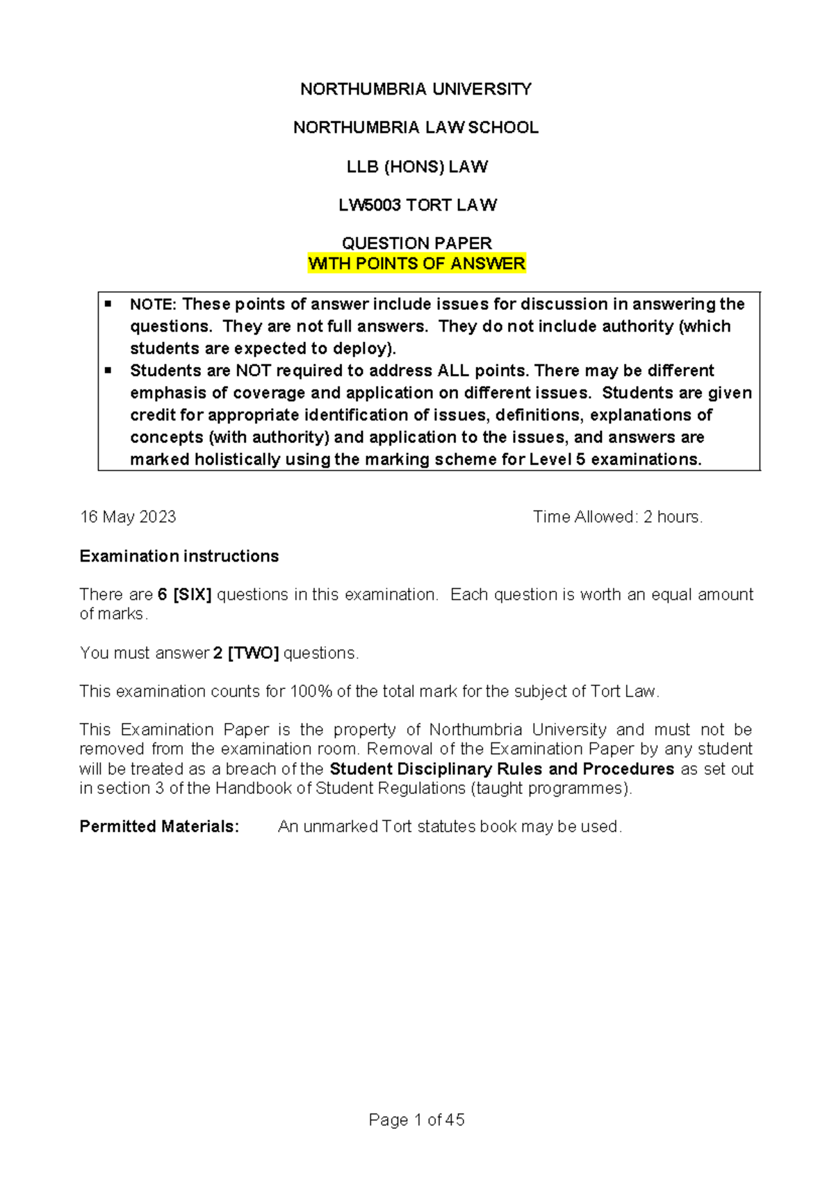 2022-23 LW5003 Tort Law - May assessment - Question Paper with PTN ...