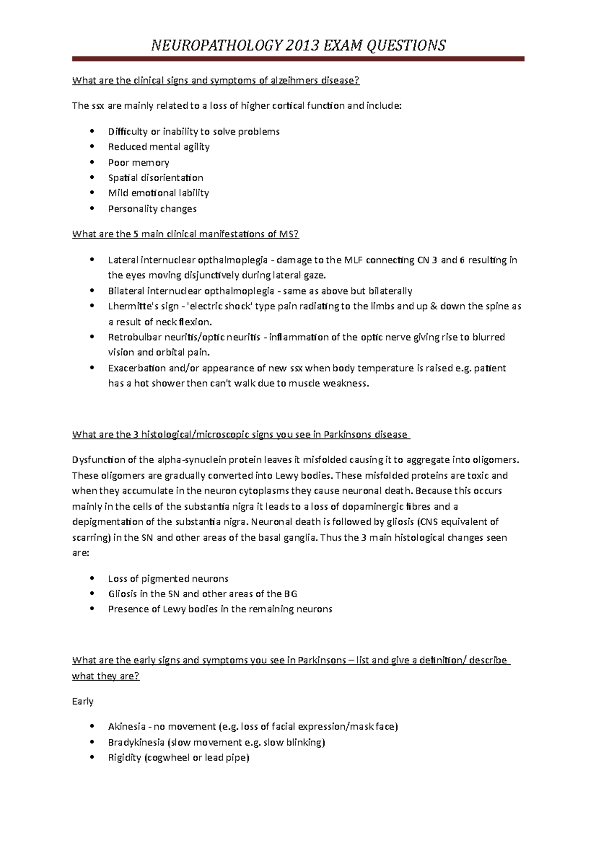 Sample/practice exam 2014, questions and answers - neuropathology ...