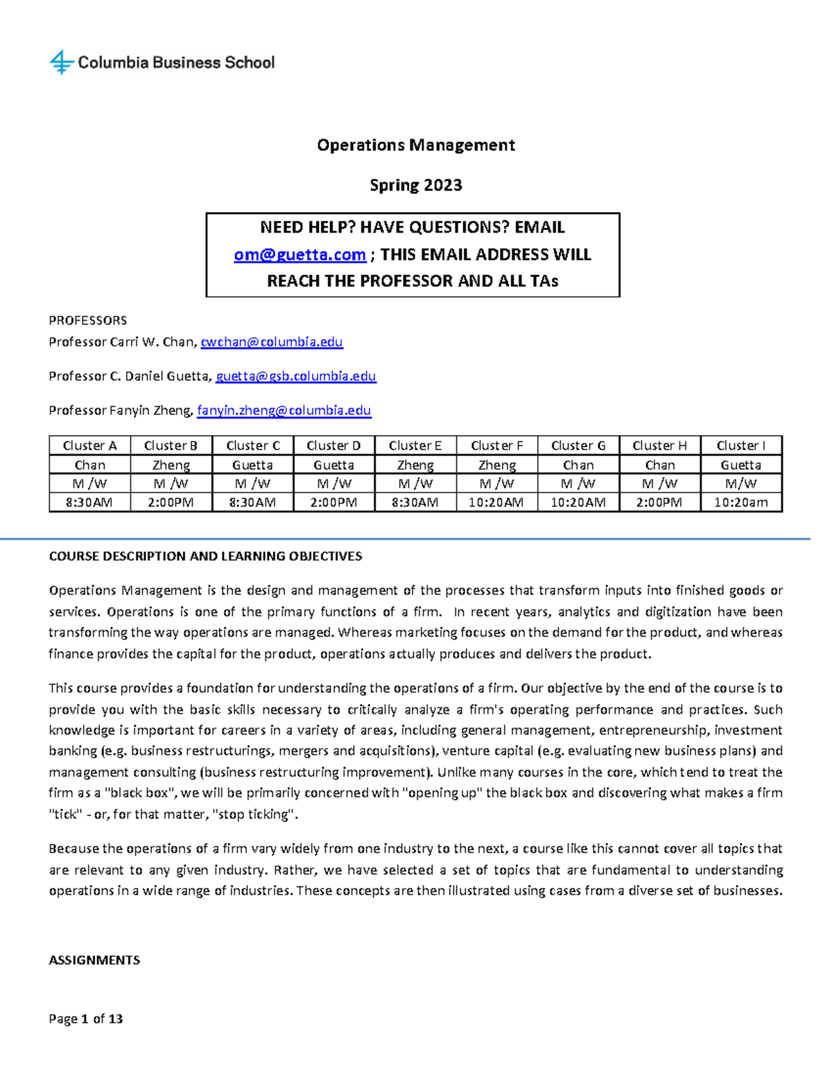 OM Syllabus Spring 23 - Copy - Copy - Operations Management Spring 2023 ...