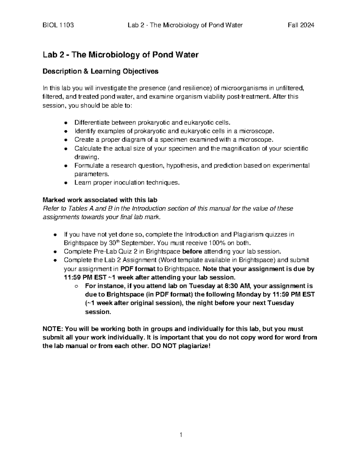 Lab 2 - Microbiology of Pond Water 2024 - Lab 2 - The Microbiology of ...