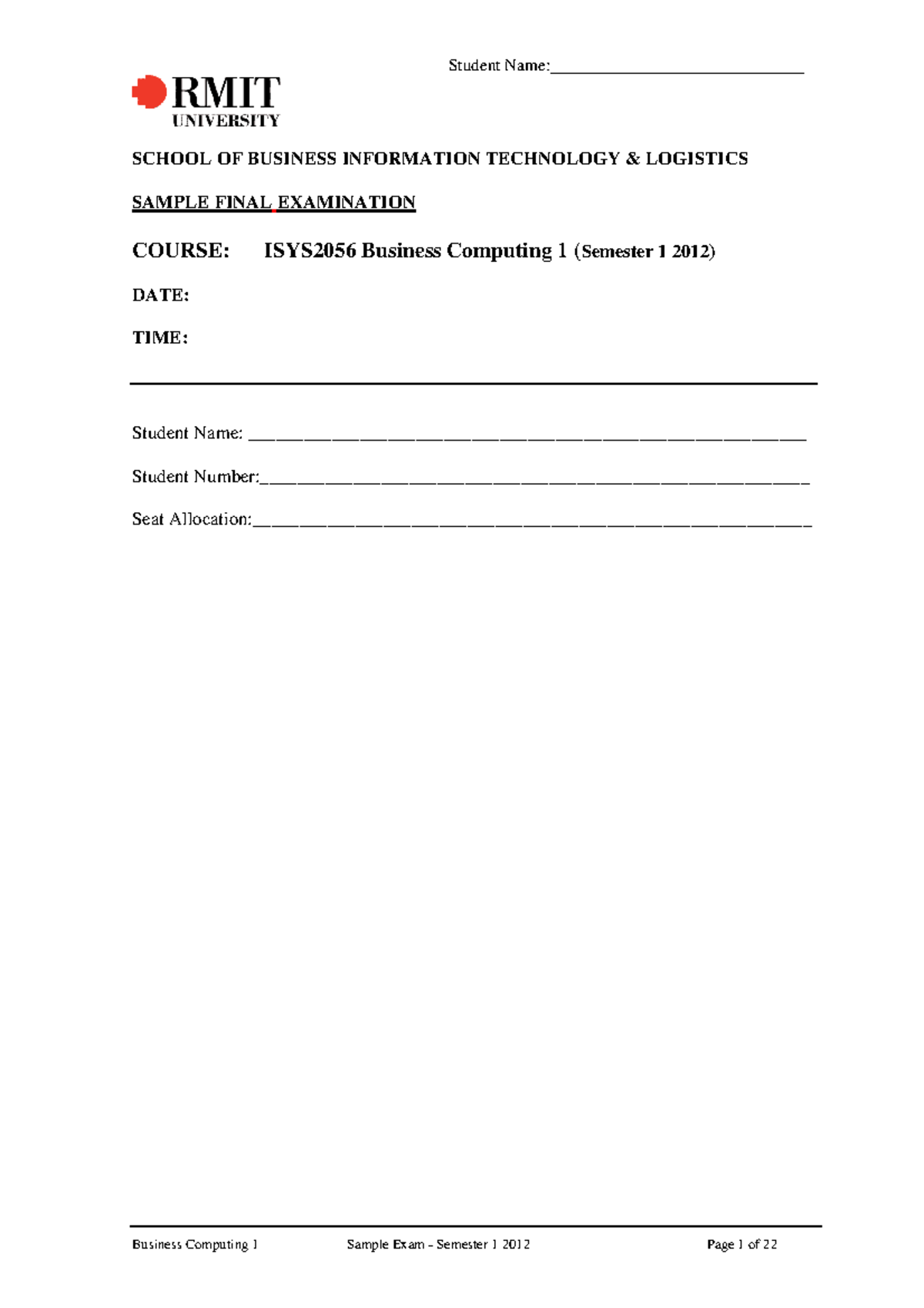 Sample/practice exam 2017, questions and answers - Student Name: SCHOOL ...