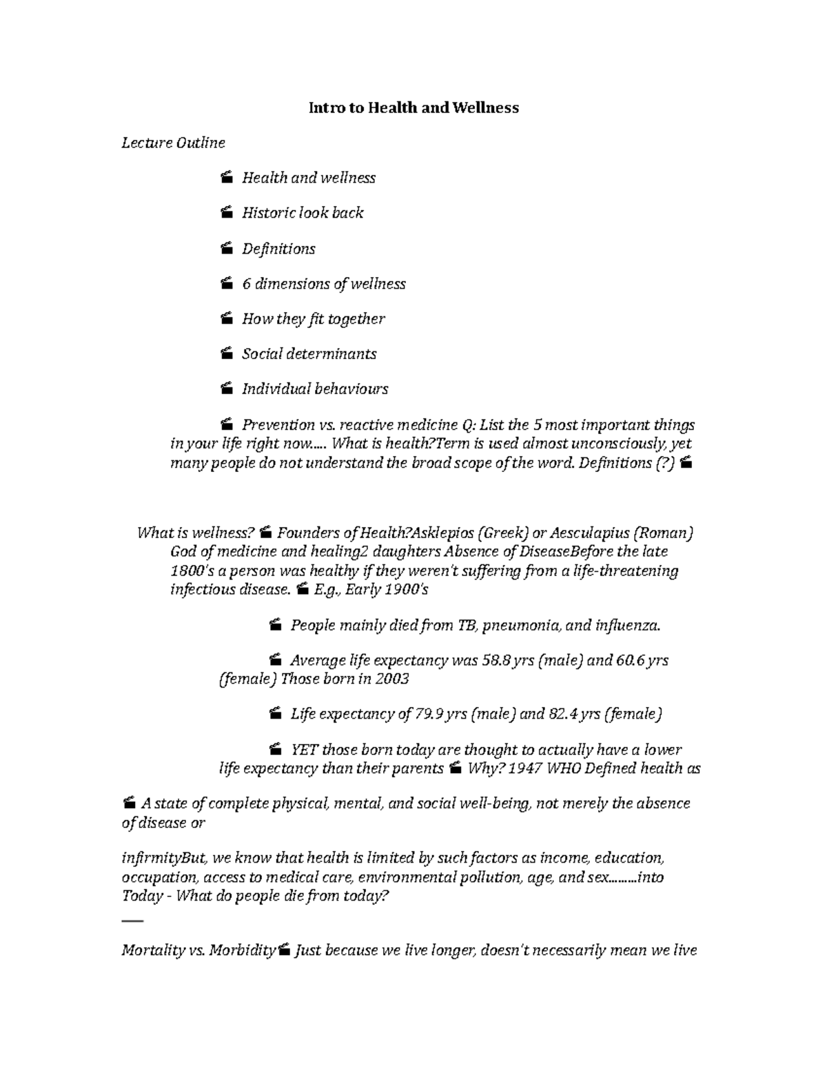 Lecture notes, lecture 1, Health and Wellness - Intro to Health and ...