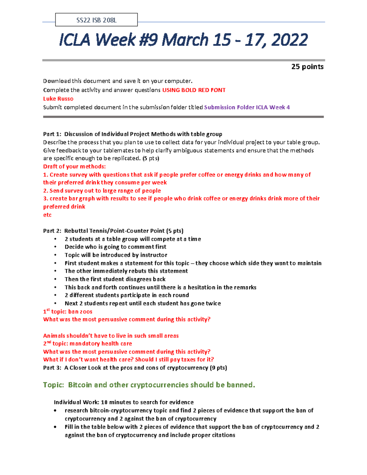 Week 9 icla - item - ICLA Week #9 March 15 - 17 , 2022 25 points ...
