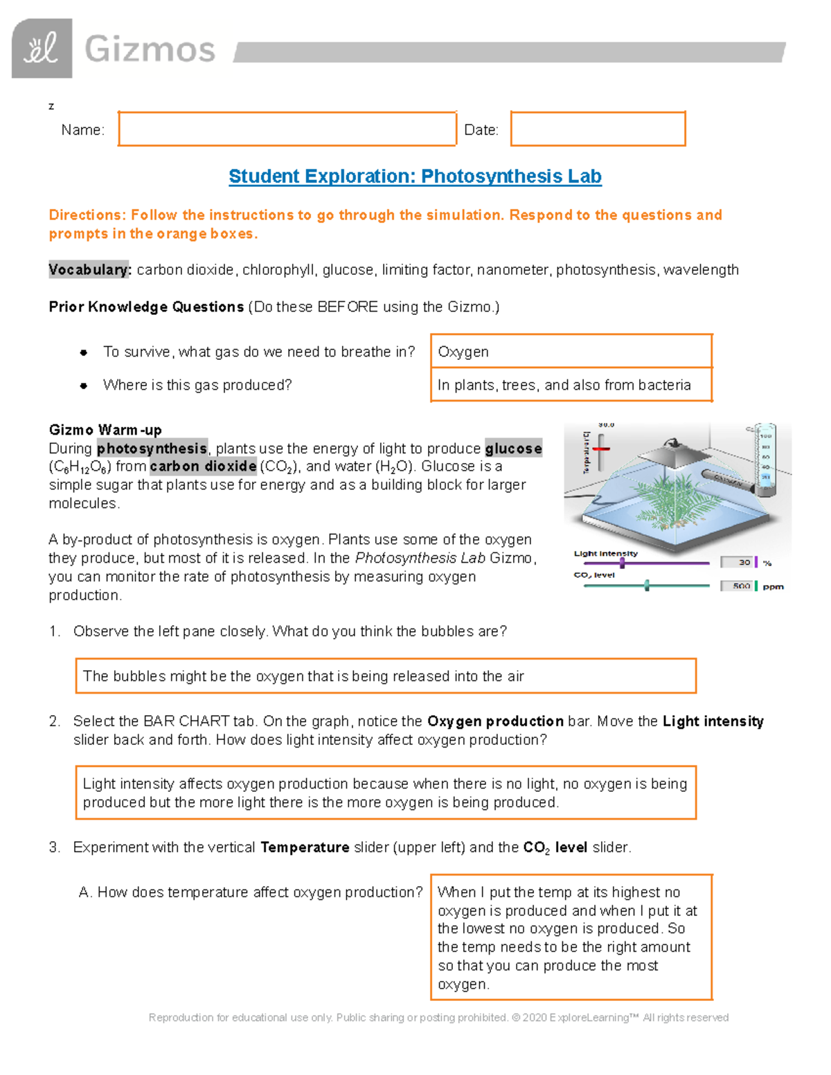 Photosynthesis Lab SE On 2021 10 29 14 37 04 Gizmo For Science Z Name