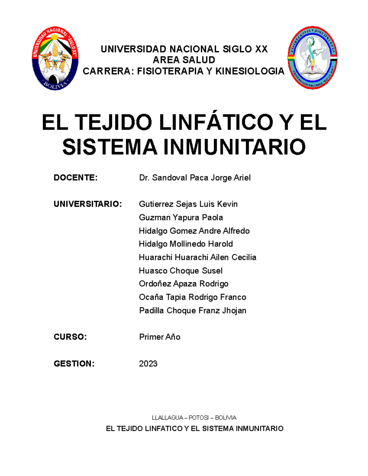 EL Tejido Linfatico Y EL Sistema Inmunitario - UNIVERSIDAD NACIONAL SIGLO XX AREA SALUD CARRERA ...