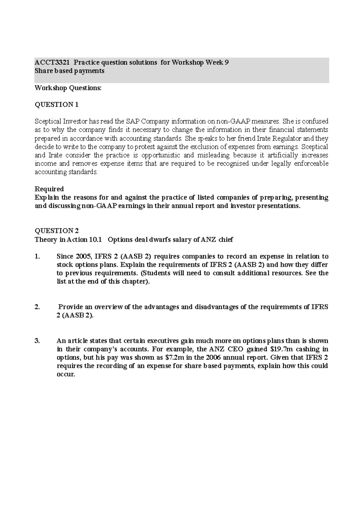 Workshop questions - ACCT3321 Practice question solutions for Workshop ...