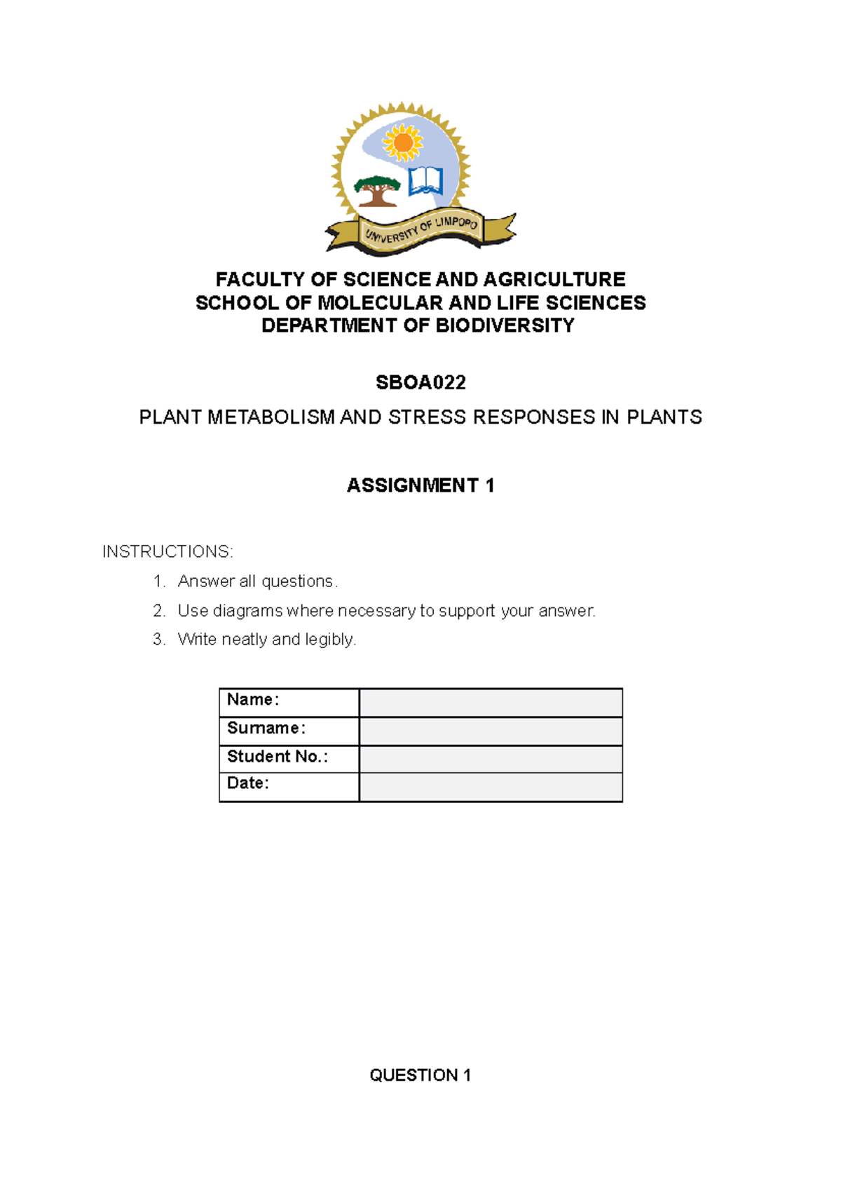 SBOA022 Assignment 1 August 2023 - FACULTY OF SCIENCE AND AGRICULTURE ...