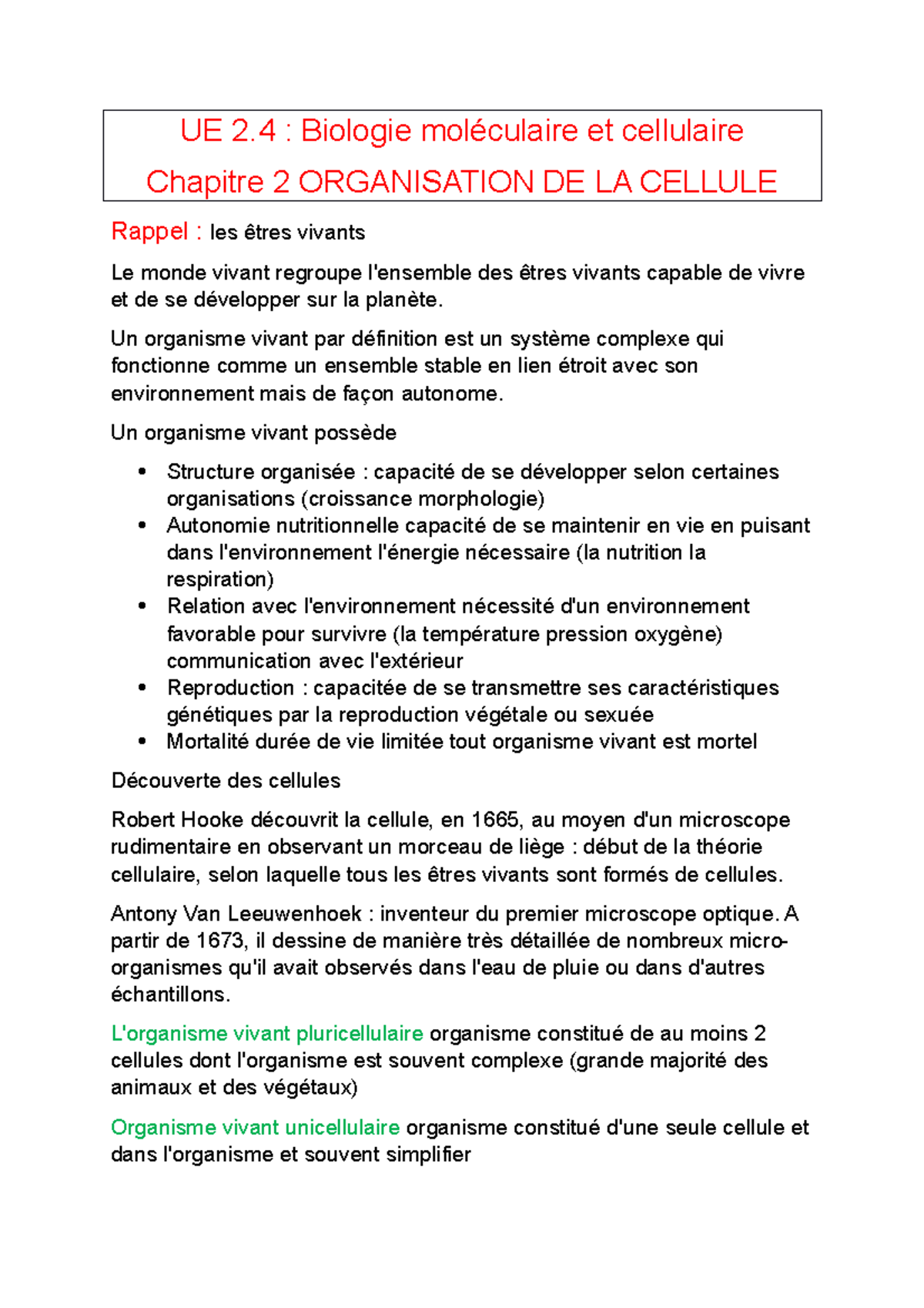 UE2.4 Description des cellules - UE 2 : Biologie moléculaire et ...