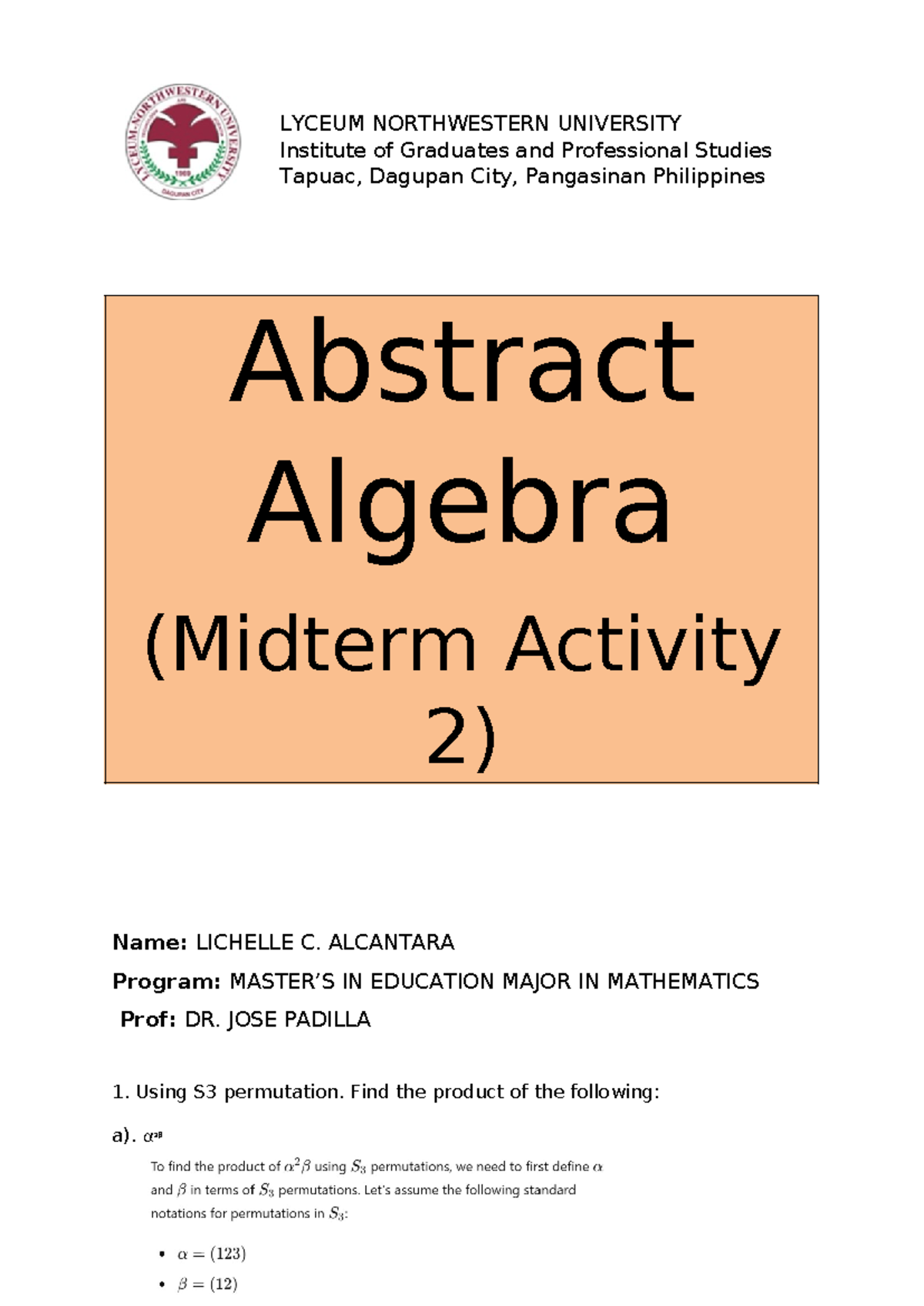 Abstract Algebra Midterm Act2 Lichellealcantara - LYCEUM NORTHWESTERN ...