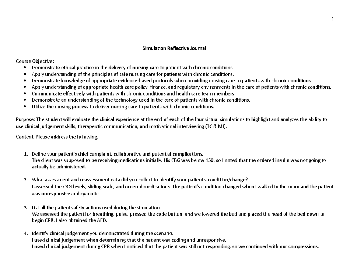 Simulation 1Reflection - 1 Simulation Reflective Journal Course ...