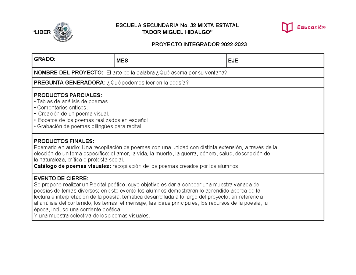 Proyecto Integrador 2023 Escuela Secundaria No 32 Mixta Estatal