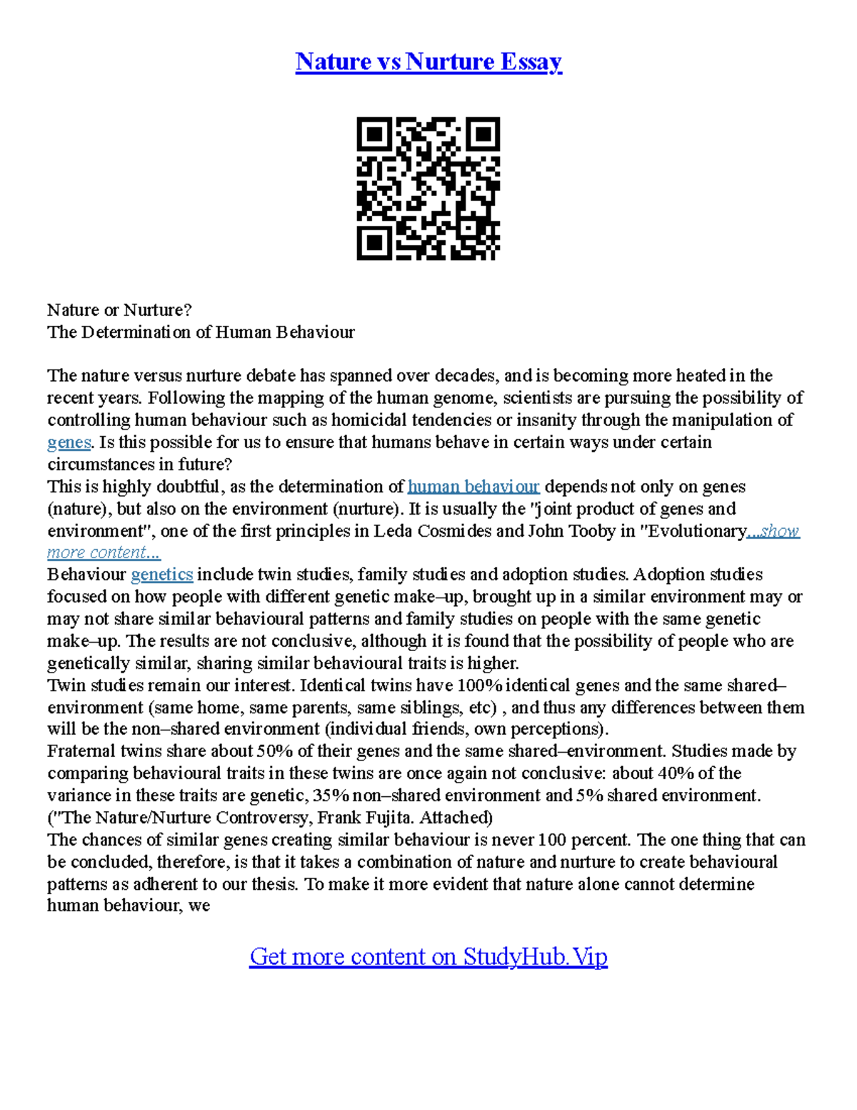 Nurture Vs Nature Essay - Nature vs Nurture Essay Nature or Nurture ...