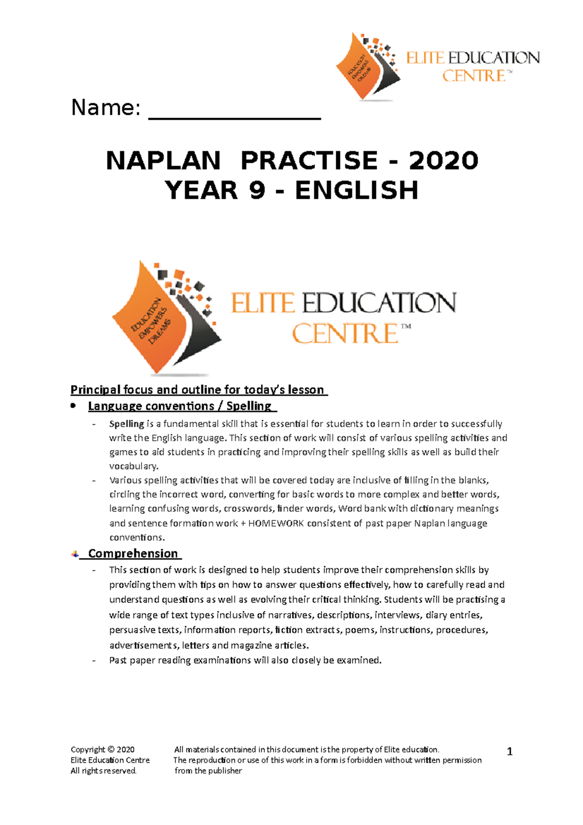 Naplan Year 9 English Booklet 2020 summer - Name ...