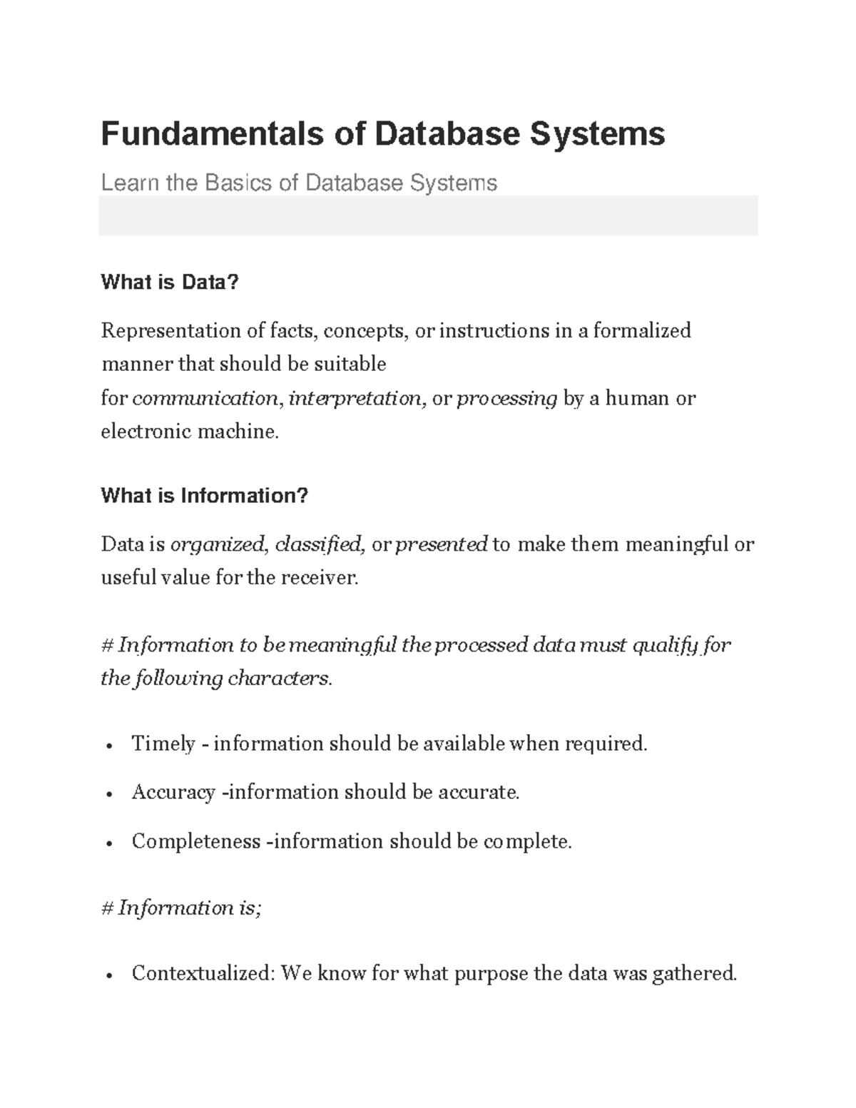 Fundamentals of Database Systems - What is Information? Data is ...