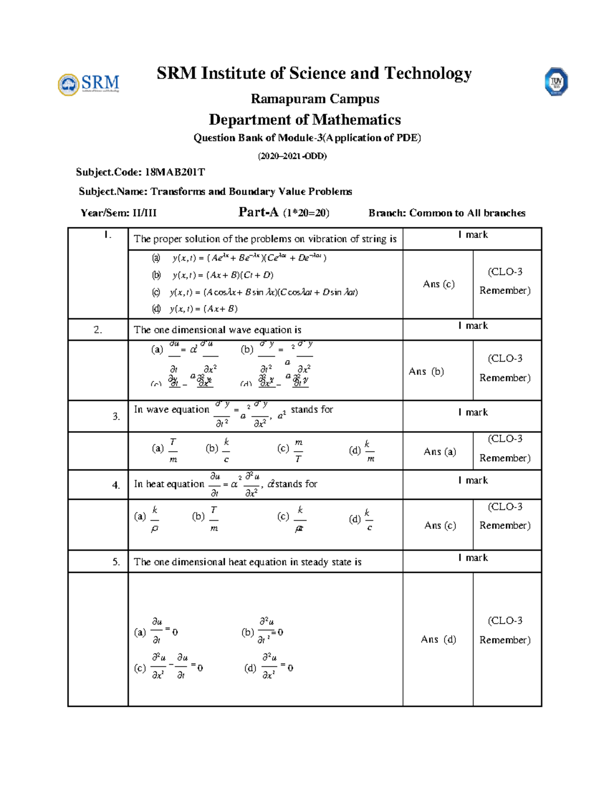 Unit Iii Part A Transforms And Boundary Value Problems 18mab201 Srm