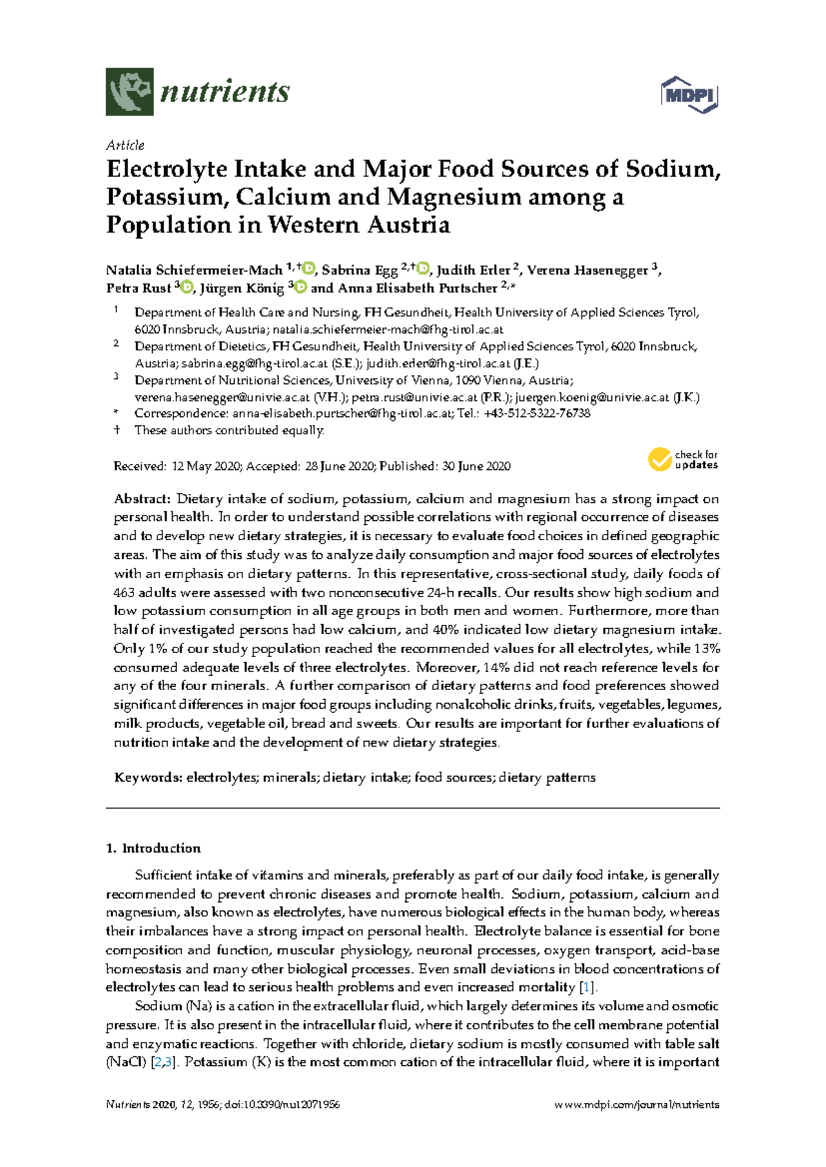 Electrolyte Intake and Major Food Sources of Sodiu - nutrients Article ...