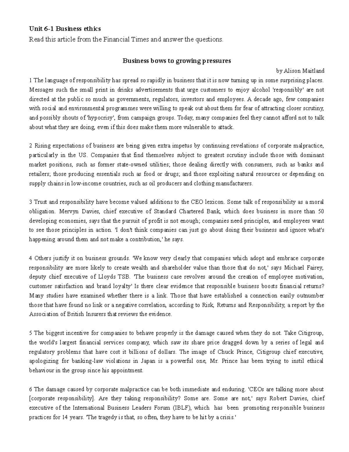 Unit 24 CSR Reading - Unit 6-1 Business ethics Read this article from the Financial Times and ...
