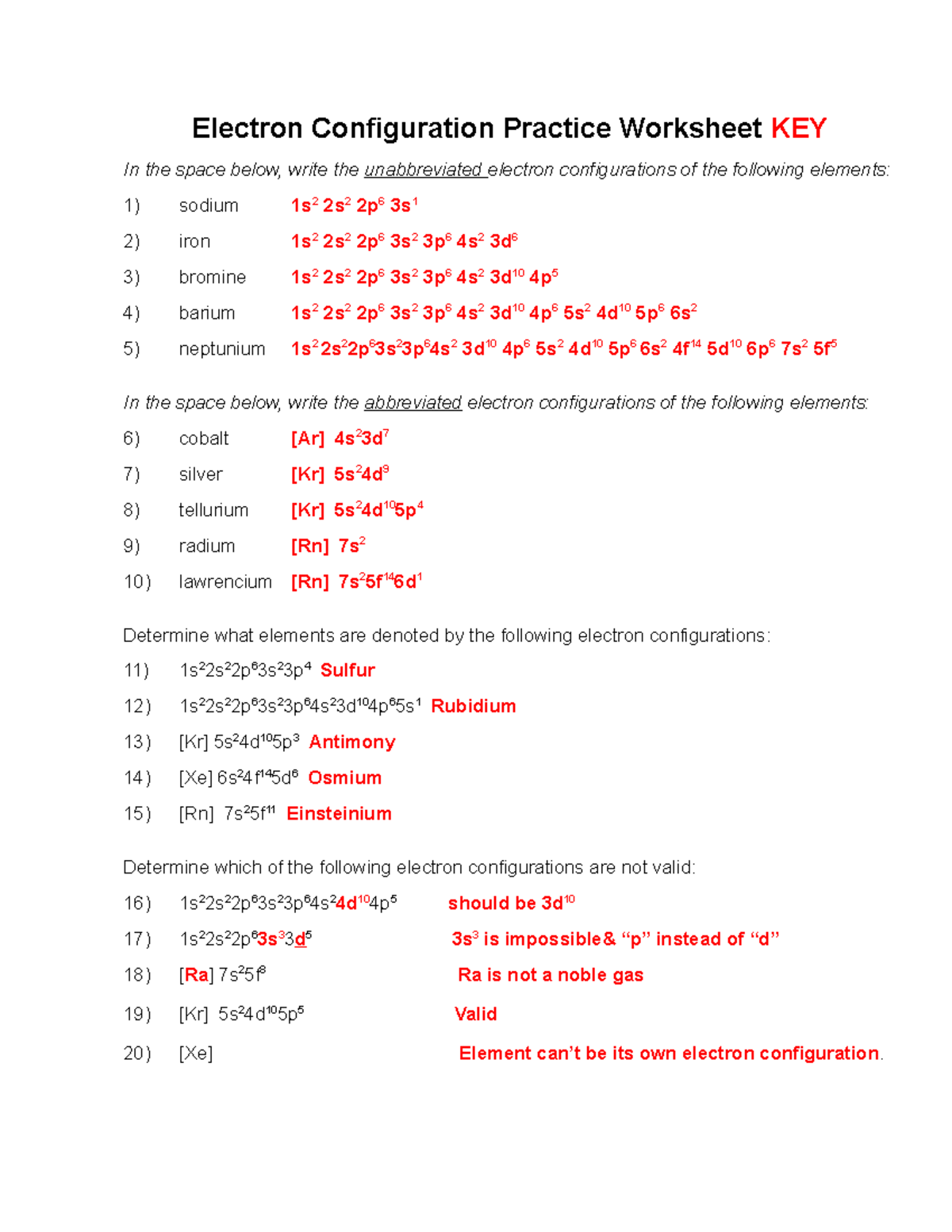 Electron Confiuration Practice WS KEY Electron Configuration Practice