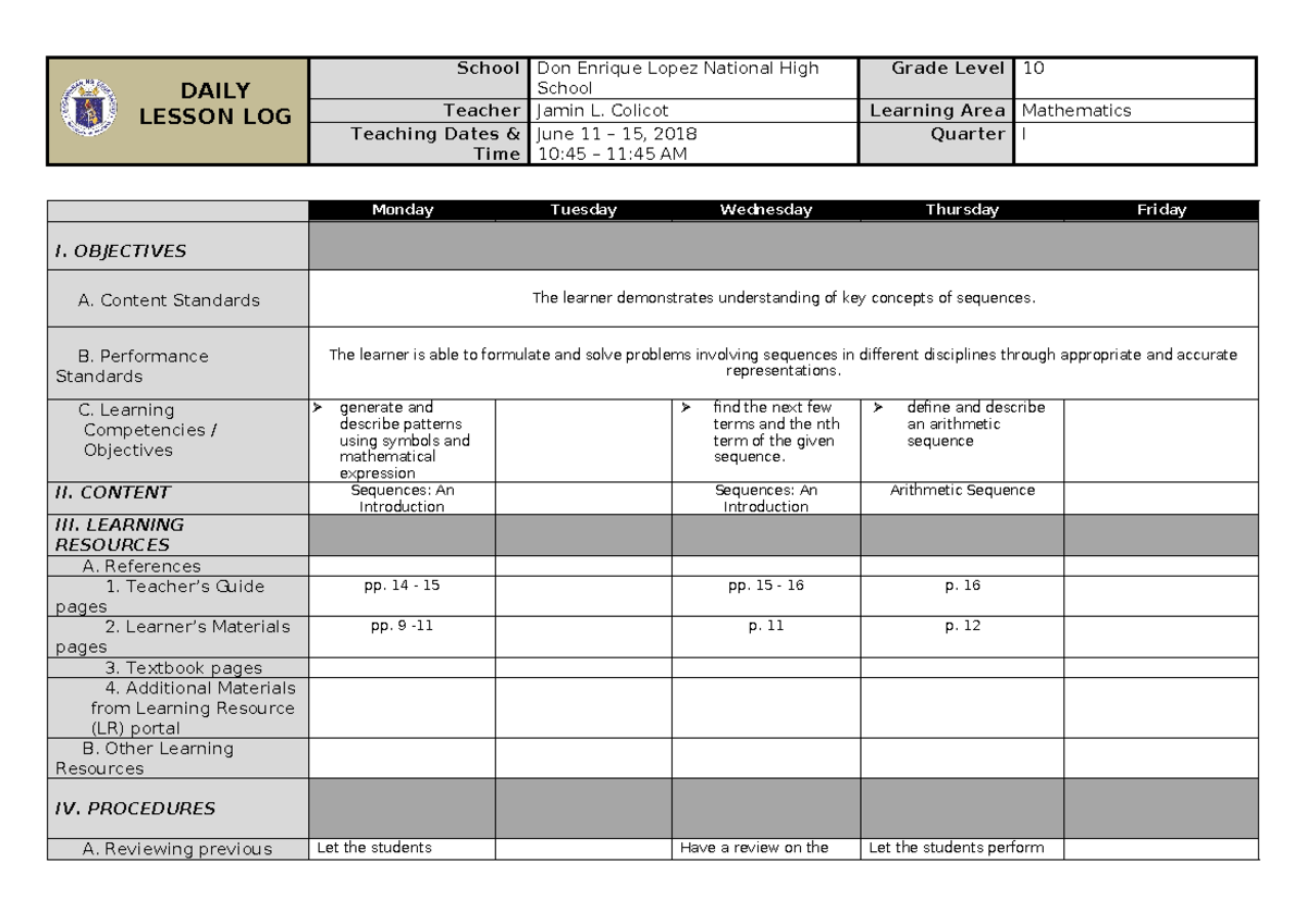 Sample Grade 10 DLL Q1W1 - DAILY LESSON LOG School Don Enrique Lopez ...