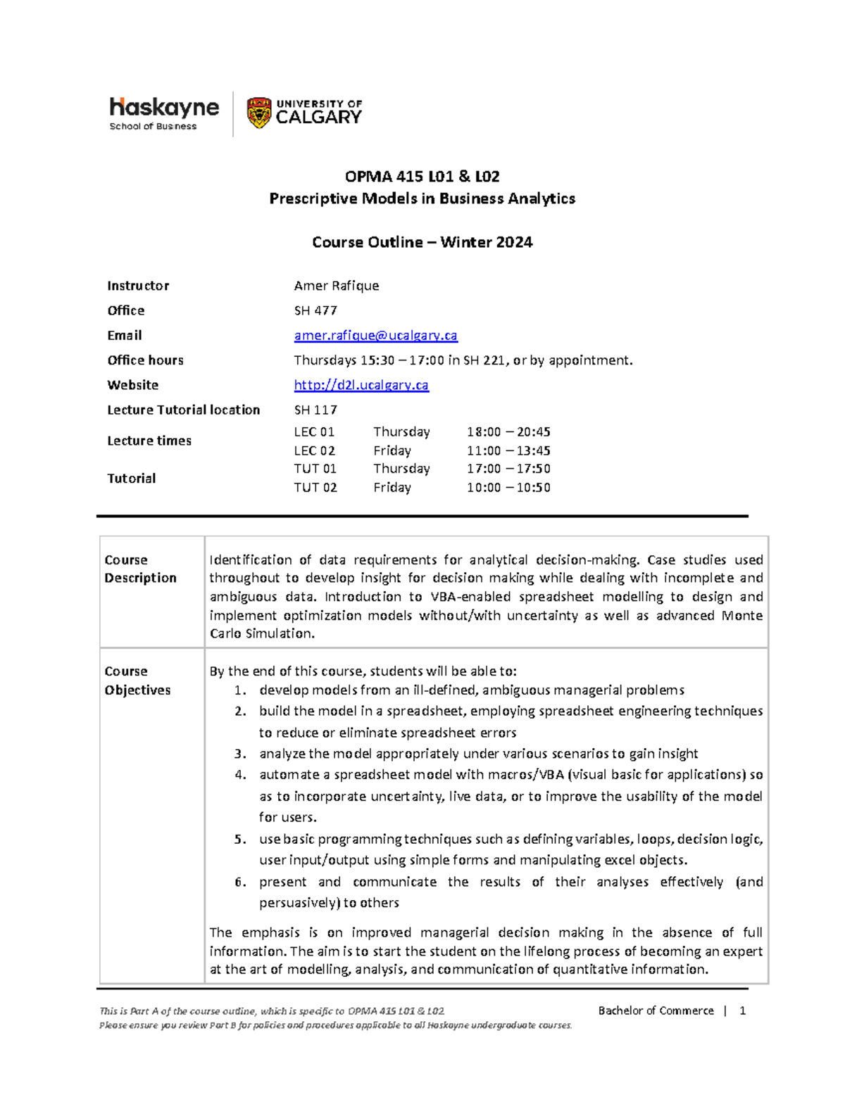 W24 OPMA 415 L01-L02 Course Outline - Part A - Amer Rafique V2 - This ...
