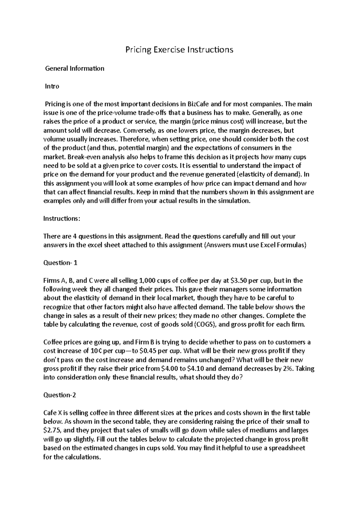 Pricing Exercise Instructions - Pricing Exercise Instructions General ...