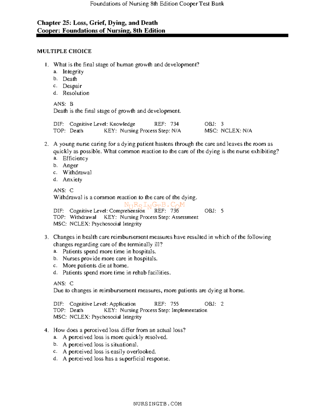 25 - Foundations of nursing text bank - NURSINGTB Chapter 25: Loss ...