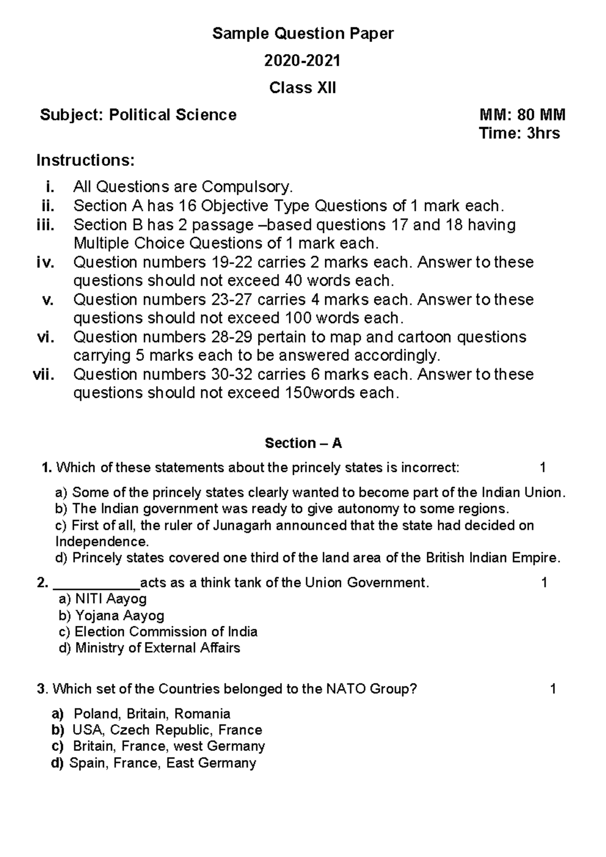 CBSE Class 12 Political Science Sample Paper 2021 Sample Question