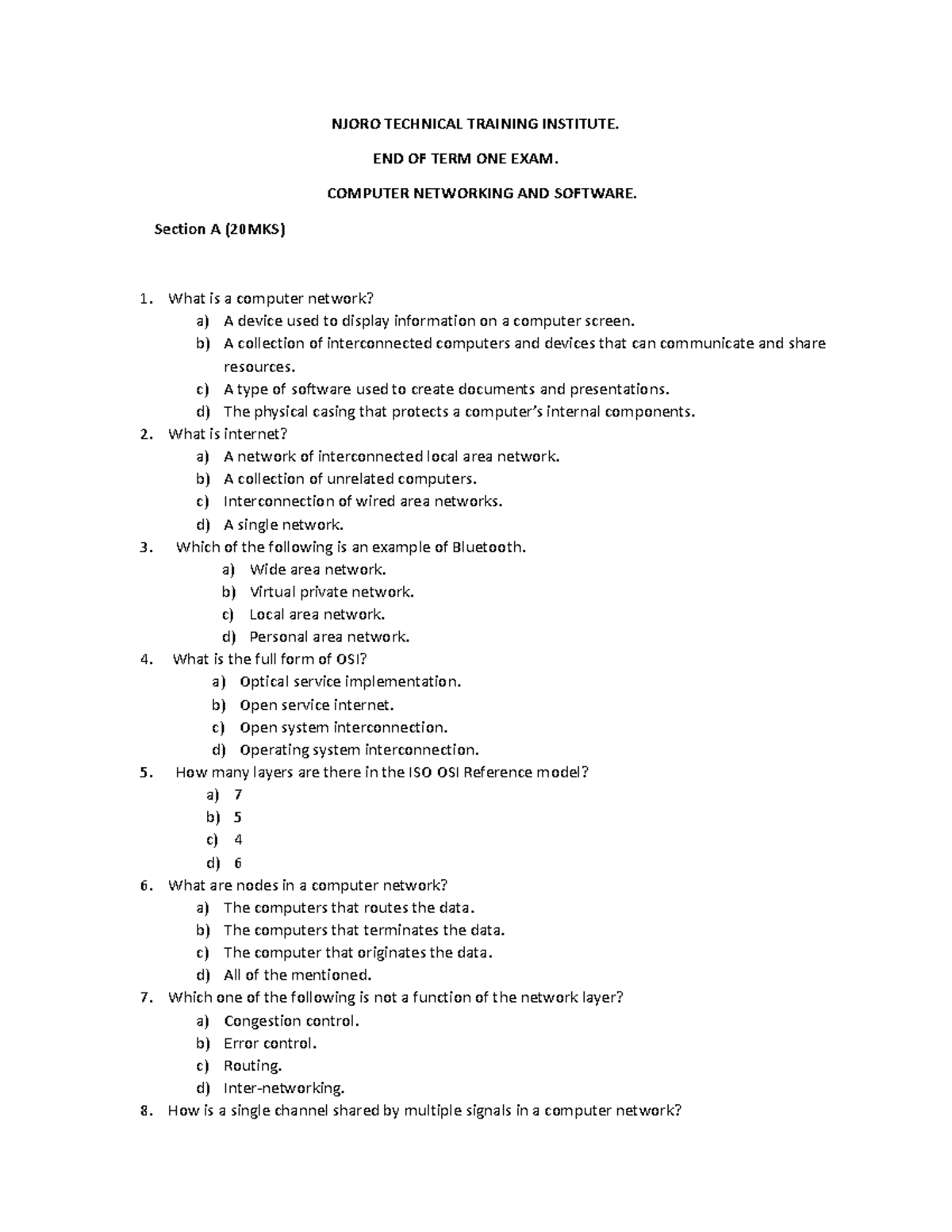 Computer Networking AND Software EXAM - Copy - NJORO TECHNICAL TRAINING ...