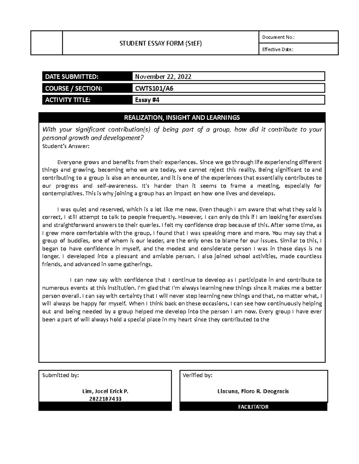 Form - CWTS101 Essay #4 - adsf - STUDENT ESSAY FORM (StEF) Document No ...