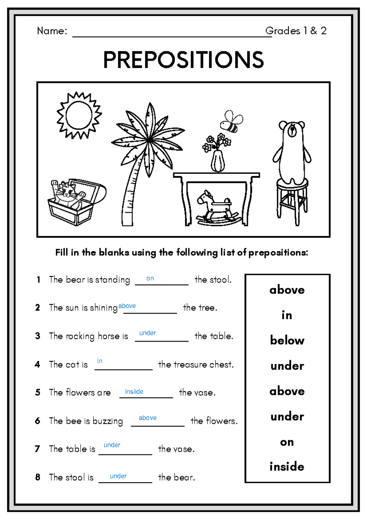 Preposition Worksheet - 1 The bear is standing the stool. 2 The sun is ...