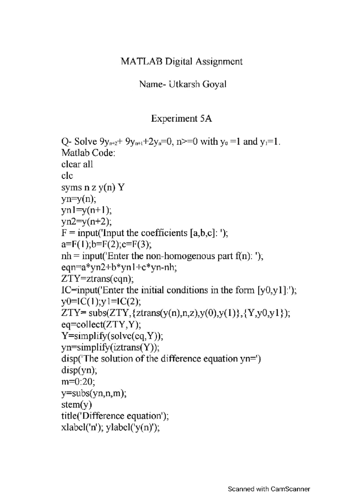 Dela Lab 5 Answers Algebra Lab Work Matlab Digital Assignment Utkarsh Goyal Experiment 5a