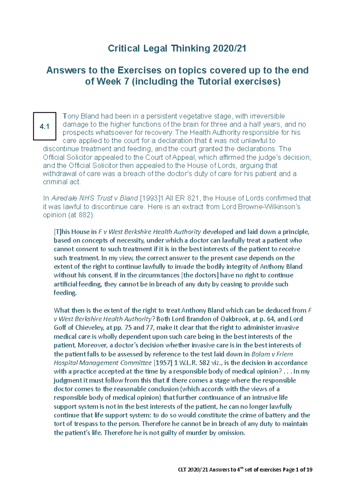 CLT week 7 tut answers - Critical Legal Thinking 2020/ Answers to the ...
