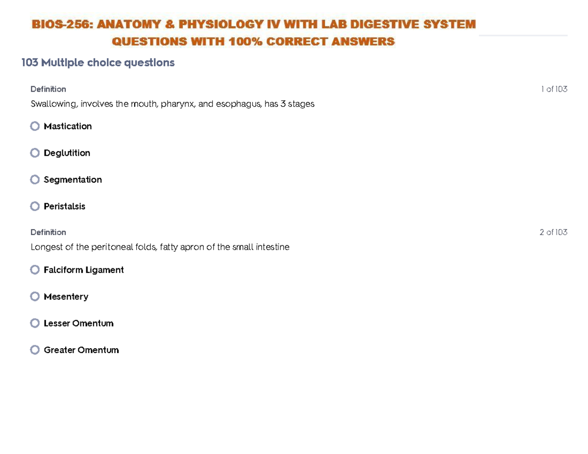 Bio 256 Digestive system Study (Chamberlain College of Nursing) Q ...