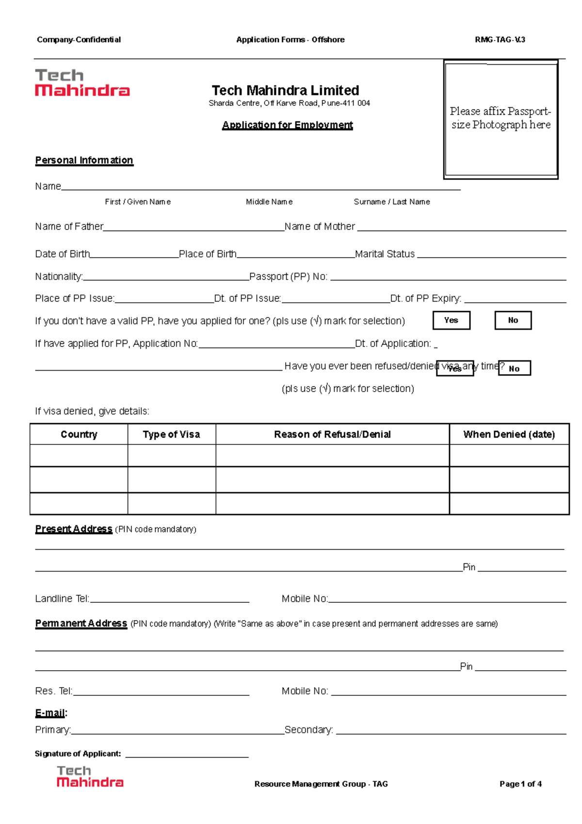 Application Form Offshore - Tech Mahindra Limited Sharda Centre, Off ...