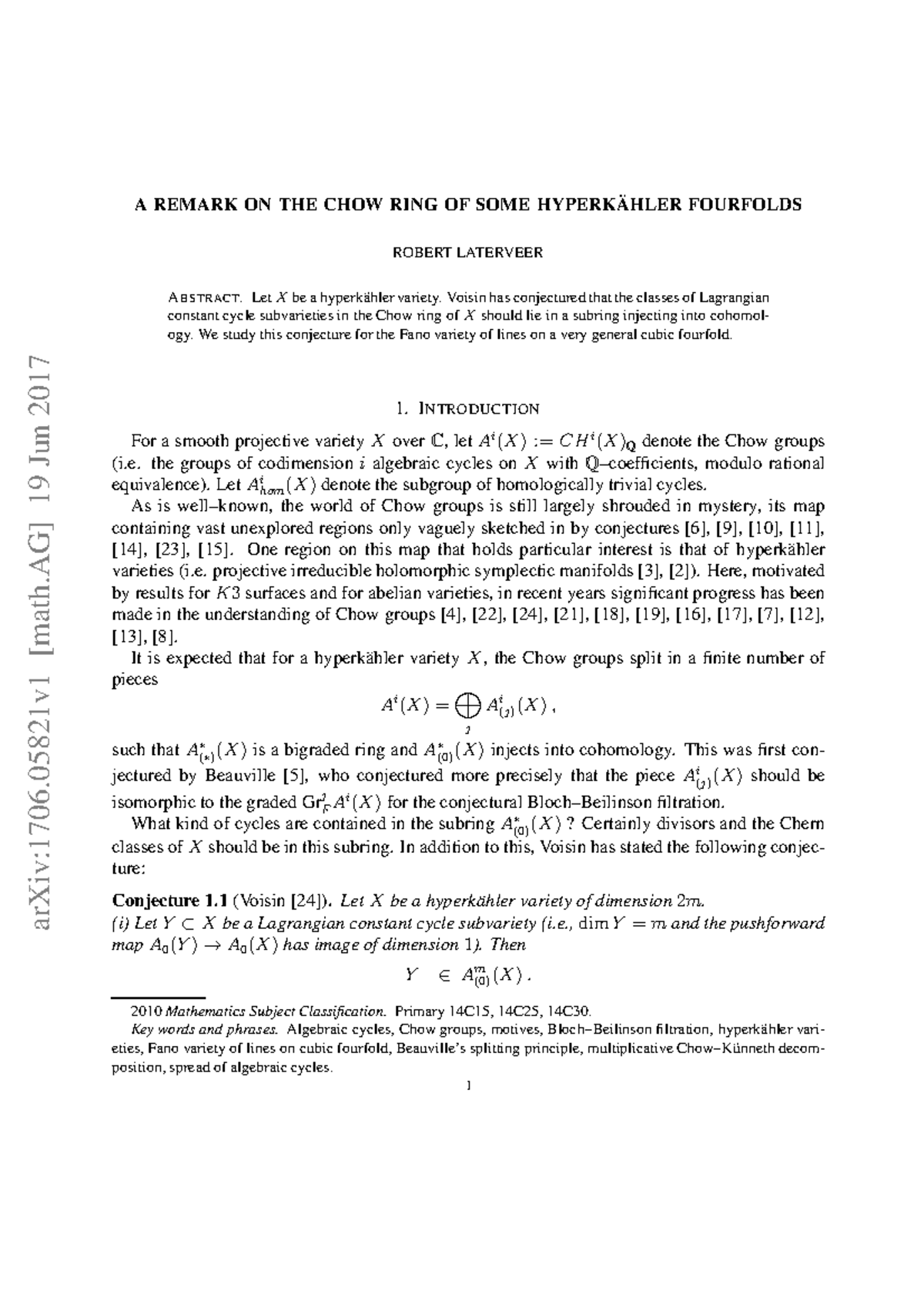1706 - Cours - arXiv:1706 [math] 19 Jun 2017 A REMARK ON THE CHOW RING ...