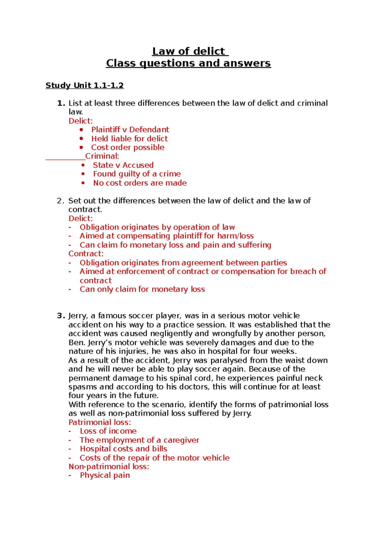 IURI 273 Questions - Law of delict Class questions and answers Study ...