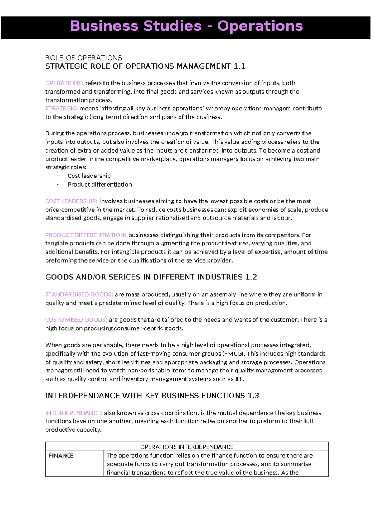 Business Studies - Operations - ROLE OF OPERATIONS STRATEGIC ROLE OF ...