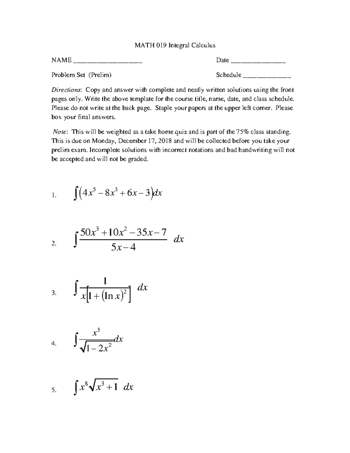 MATH019Prelim Problem Set - MATH 019 Integral Calculus NAME ...