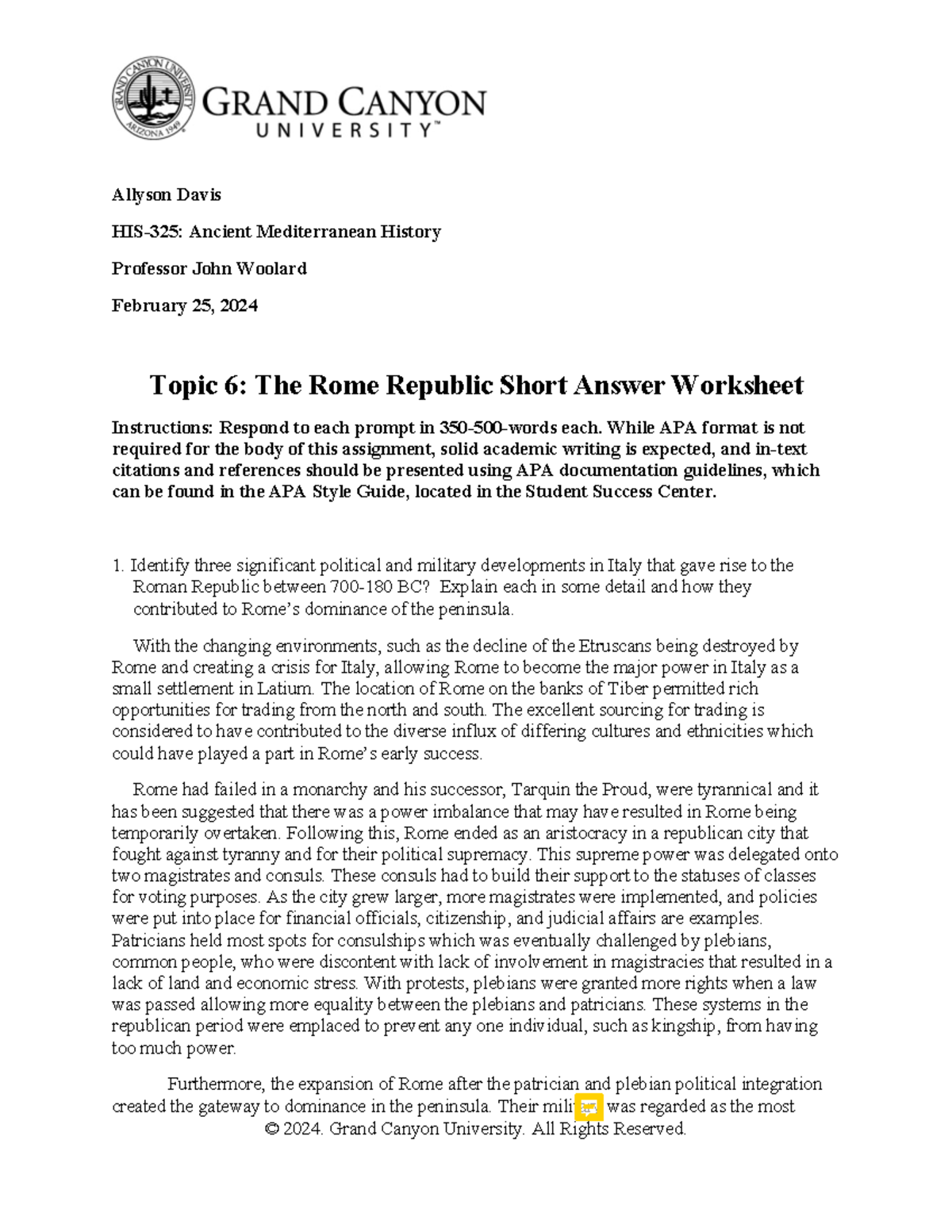 ADavis HIS-325 T6 The Rome Republic Worksheet - © 2024. Grand Canyon ...
