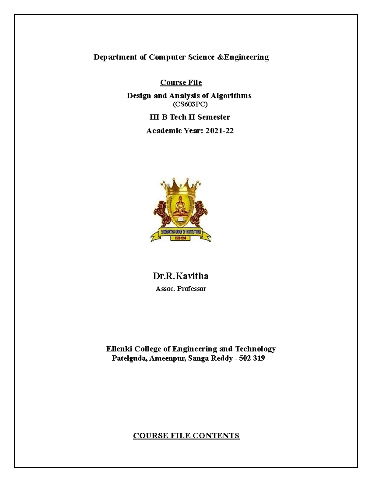 DAA - Department of Computer Science &Engineering Course File Design and Analysis of Algorithms ...