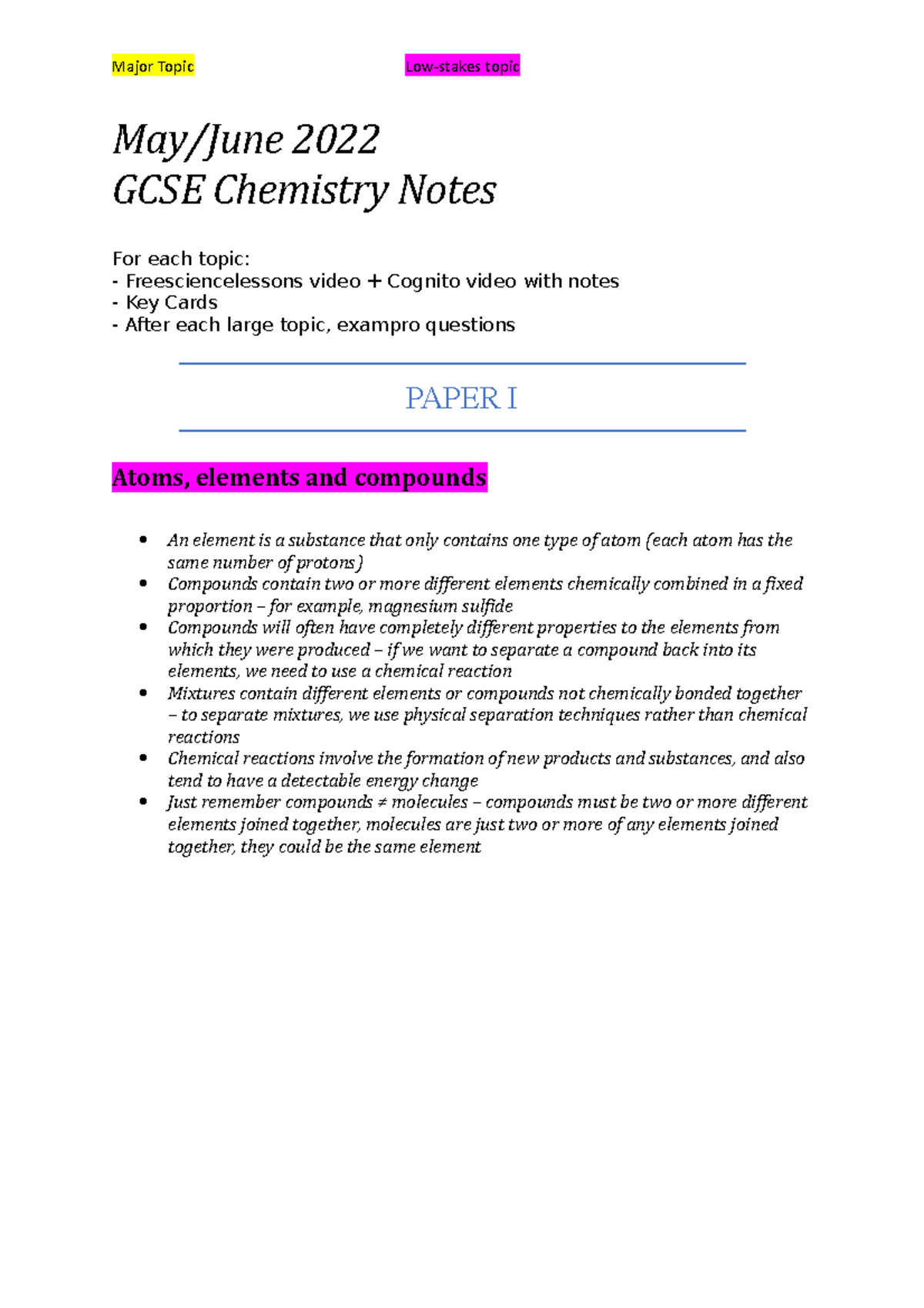 GCSE Chemistry Doc - May/June 2022 GCSE Chemistry Notes For each topic ...