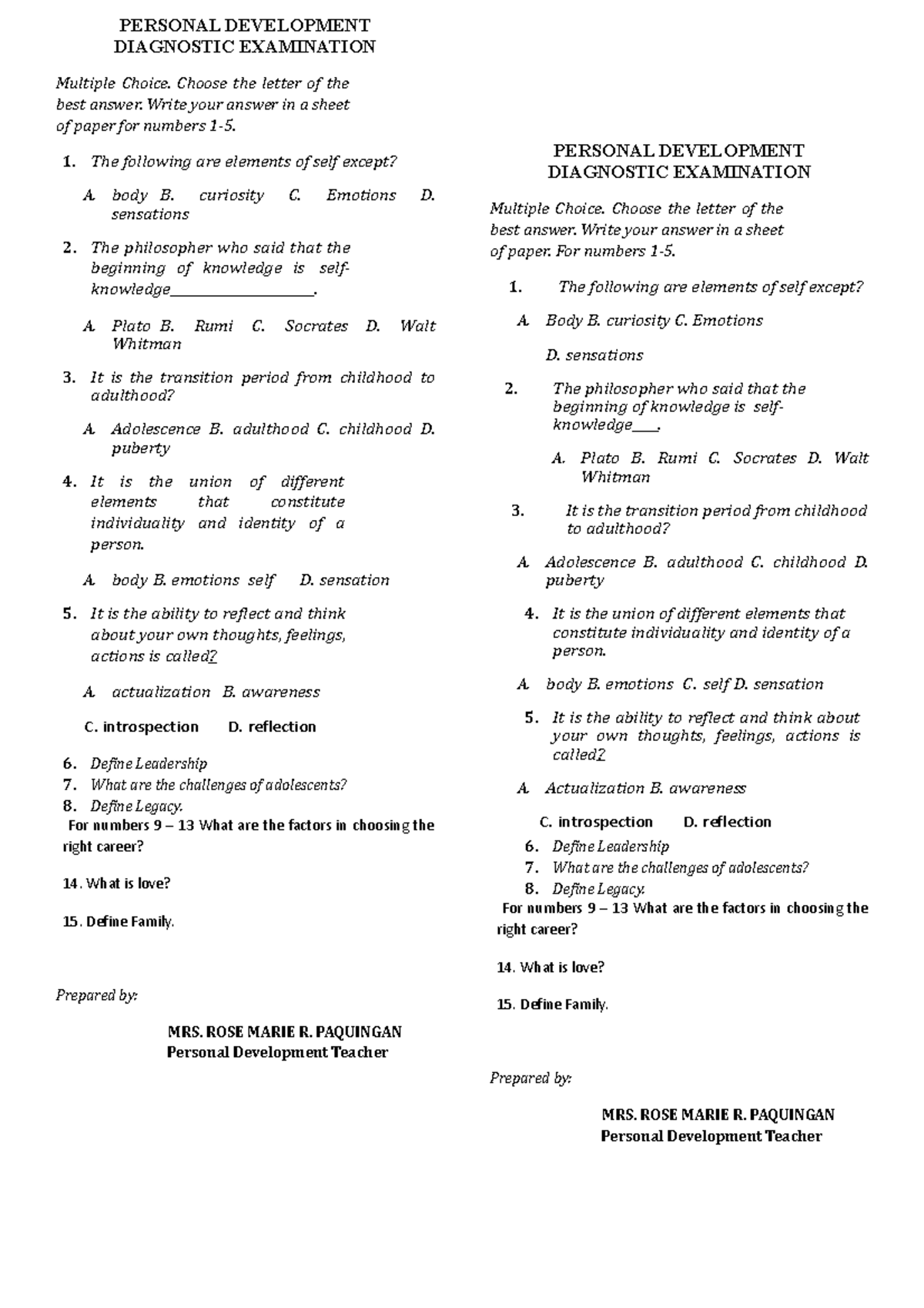 Diagnostic Perdev - examination - PERSONAL DEVELOPMENT DIAGNOSTIC ...