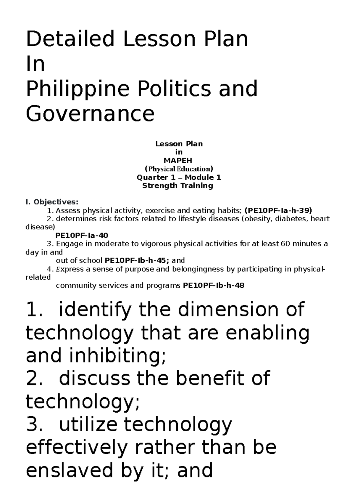 P.E. (Grade 10) - notes - Detailed Lesson Plan In Philippine Politics ...