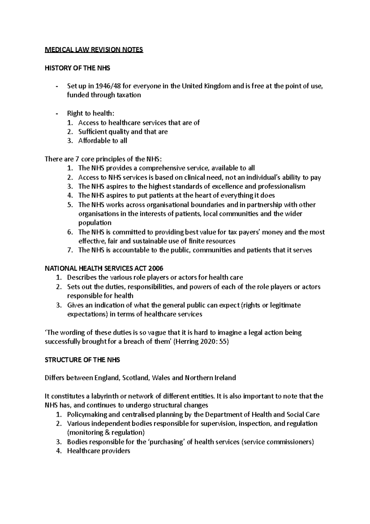 Medical Law Revision Notes - MEDICAL LAW REVISION NOTES HISTORY OF THE ...