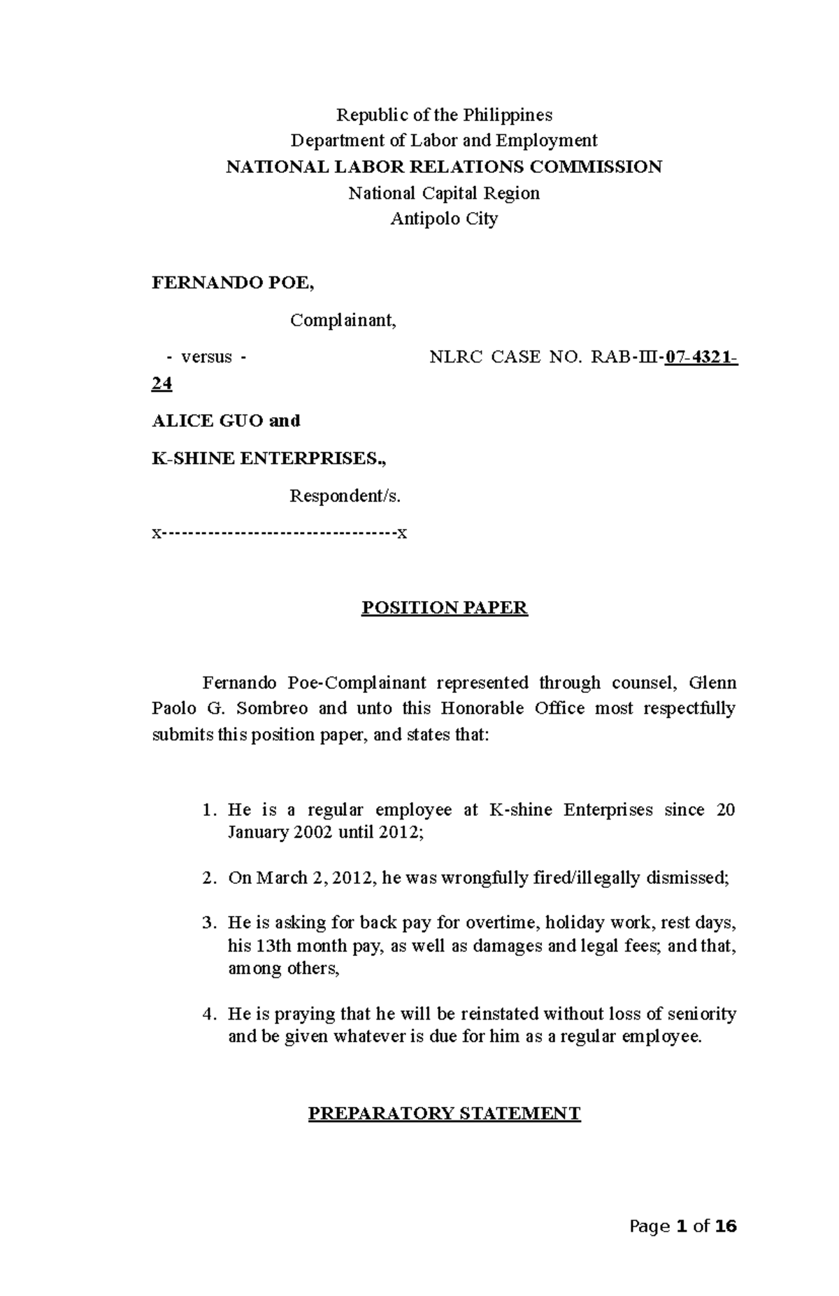 Position Paper Sombreo, Glenn Paolo - Republic of the Philippines ...