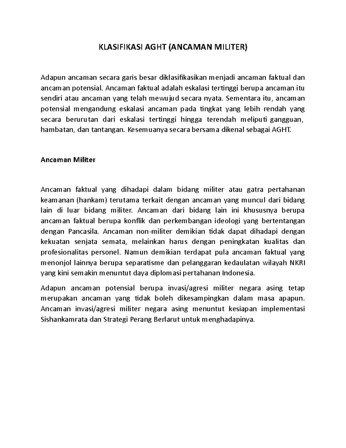 Klasifikasi AGHT ( Ancaman Militer) - KLASIFIKASI AGHT (ANCAMAN MILITER ...