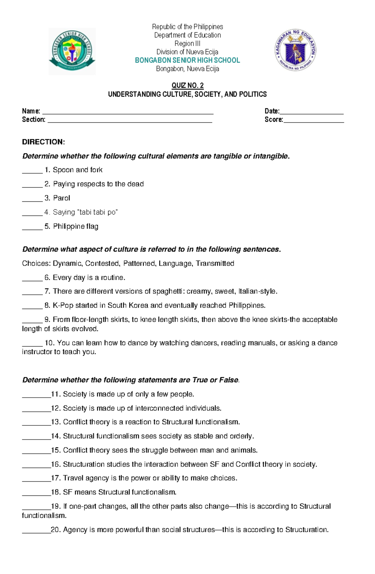 UCSP-QUIZ-2 - Ucsp - Republic of the Philippines Department of ...